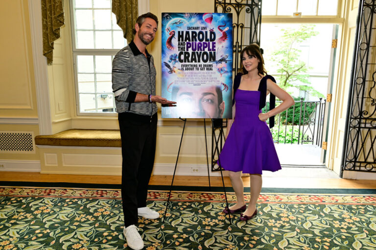 Zachary Levi and Zooey Deschanel at the HAROLD AND THE PURPLE CRAYON ...
