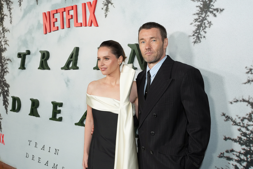 Felicity Jones, Joel Edgerton and Kerry Condon at the TRAIN DREAMS Los ...