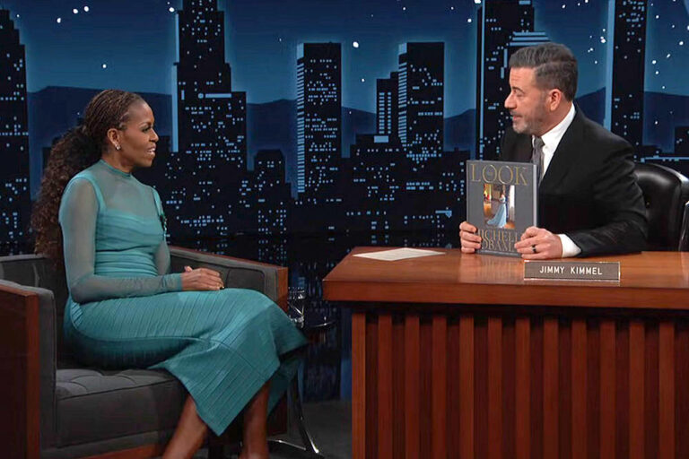 Michelle Obama Promotes Her New Book in Hervé Léger on JIMMY KIMMEL ...